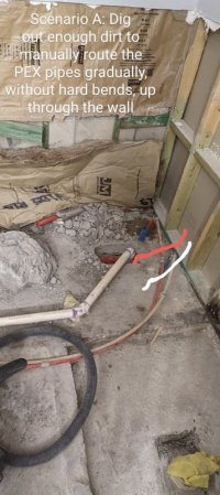 Moving PEX piping coming from slab into wall to cap off | Terry Love ...